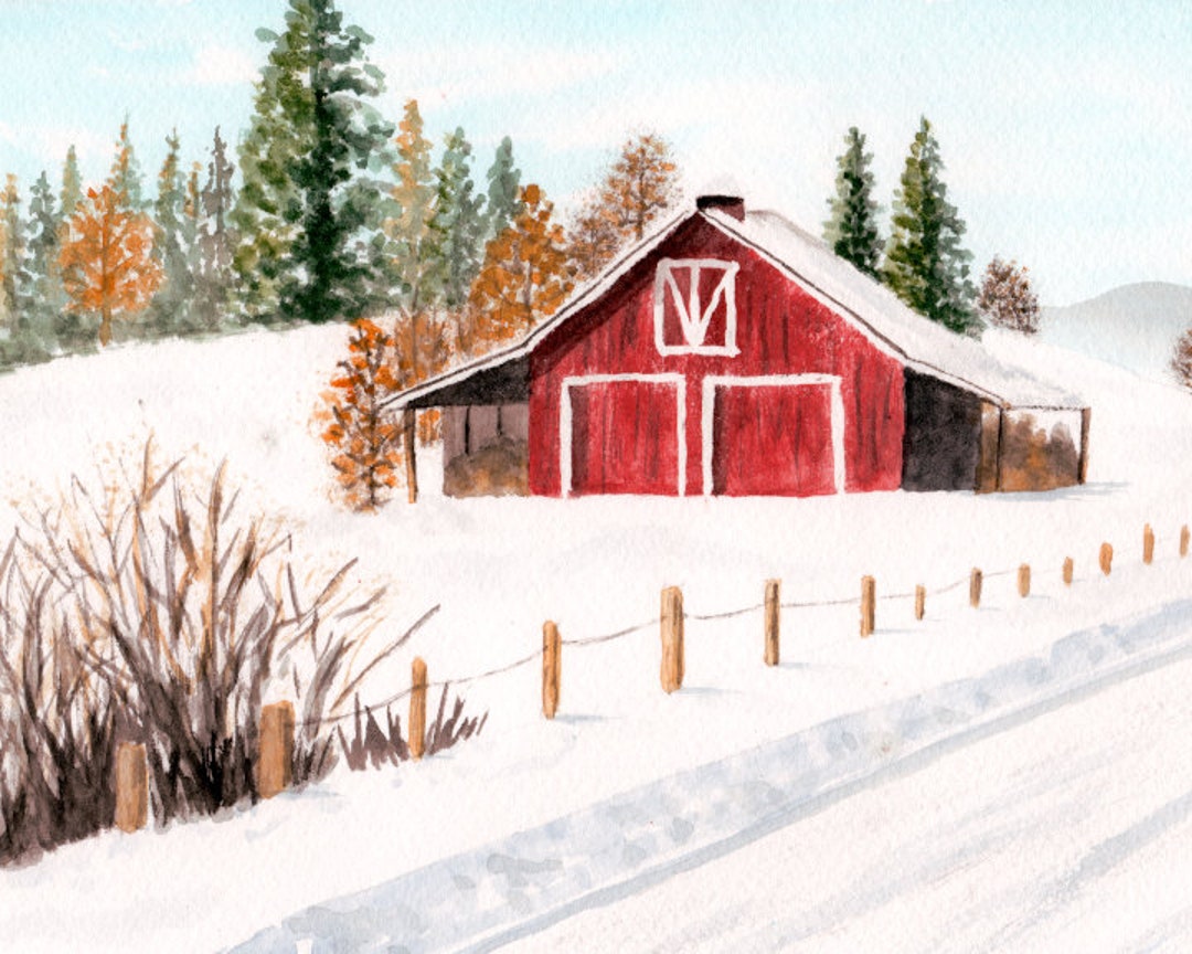 Red Barn Wall Art Watercolor PRINT of Barn in Snow Country - Etsy
