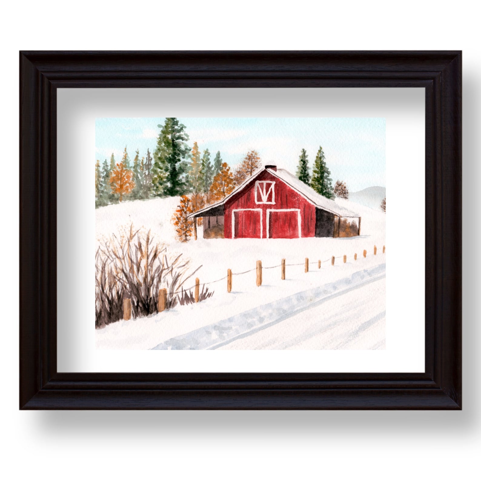 Red Barn Wall Art Watercolor PRINT of Barn in Snow Country - Etsy