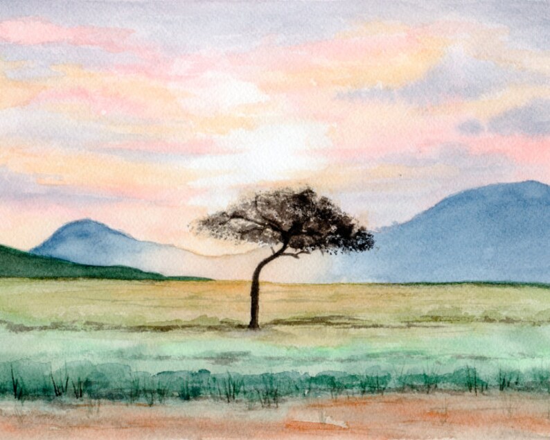 Acacia Tree in Kenya Watercolor Print, Africa Landscape Painting ...
