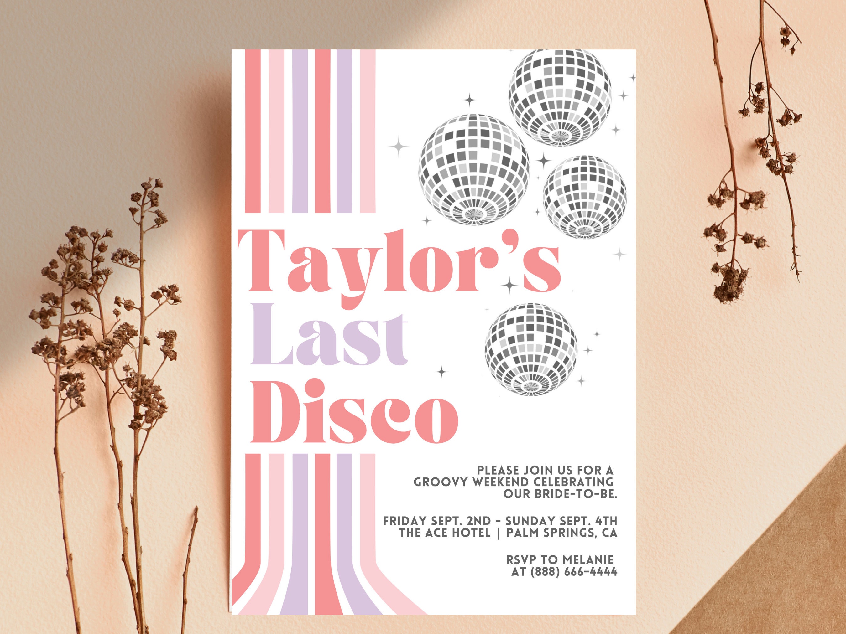 Last Disco Retro Bachelorette Invite and Itinerary // Pink & Purple ...