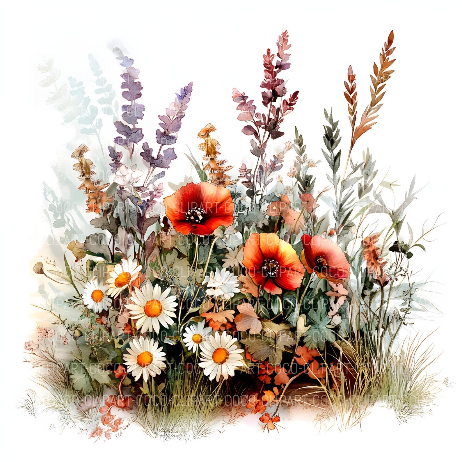 Wildflower Flowerbed Clipart, Watercolor Flowers Jpg, Paper Craft ...