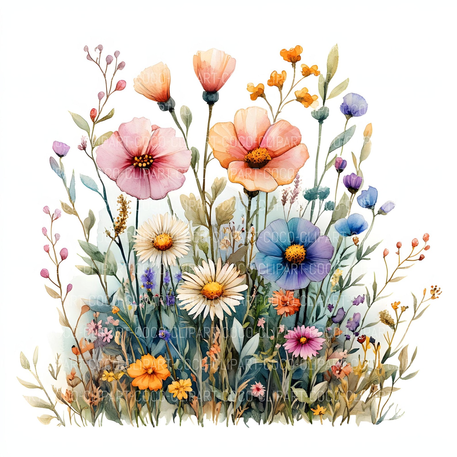 Wildflower Flowerbed Clipart, Watercolor Flowers Jpg, Paper Craft ...