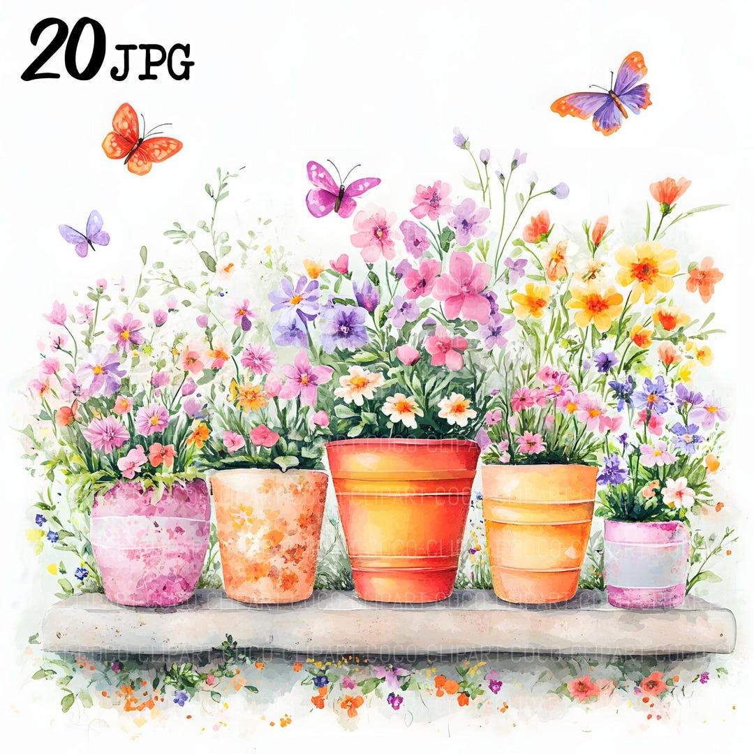 Whimsical Flower Clipart, Watercolor Flower Pot Clipart, Fantasy Junk ...