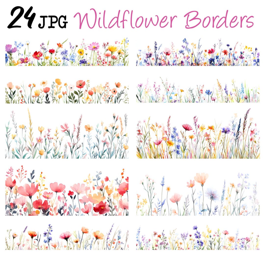 Wildflowers Border Clipart, Digital Clipart, Watercolor Clipart ...