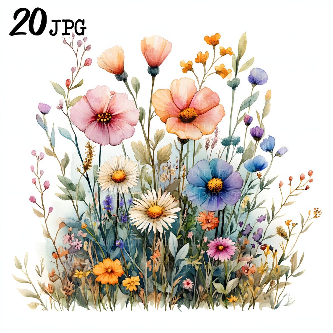 Wildflower Flowerbed Clipart, Watercolor Flowers Jpg, Paper Craft ...