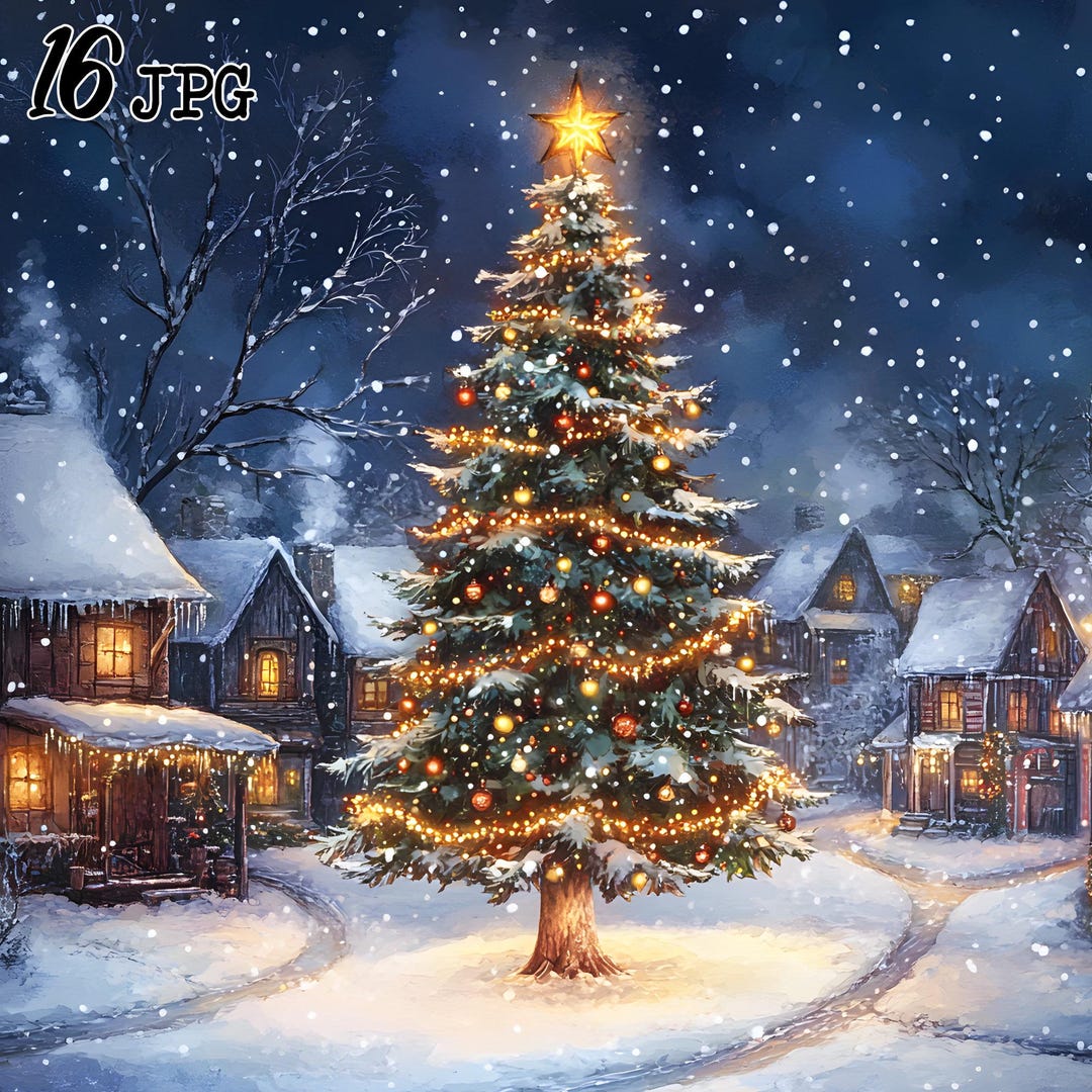 Vintage Christmas Tree Clipart, Christmas Card, Printable Watercolor ...