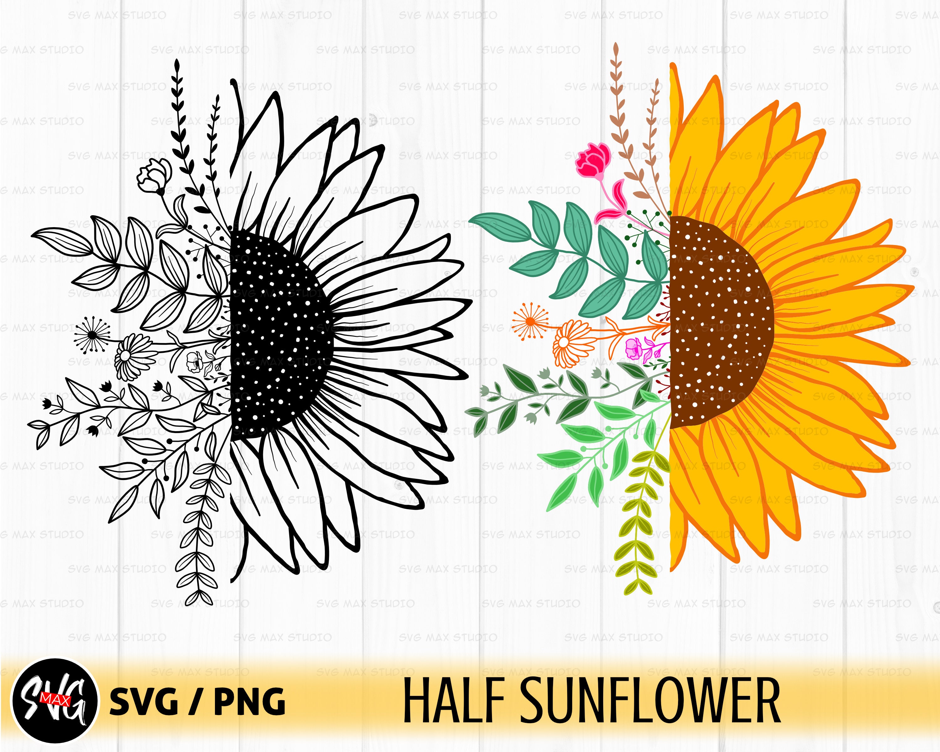 Art And Collectibles Drawing And Illustration Png Sunflowers Svg Half