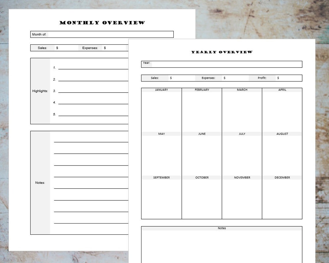 Monthly Overview, Yearly Overview Fillable/printable PDF Form - Etsy