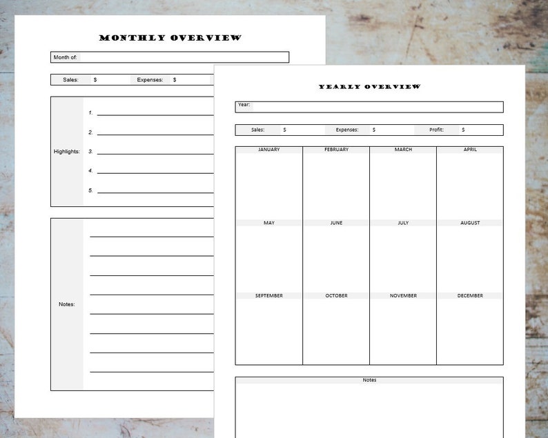 Monthly Overview, Yearly Overview Fillable/printable PDF Form - Etsy