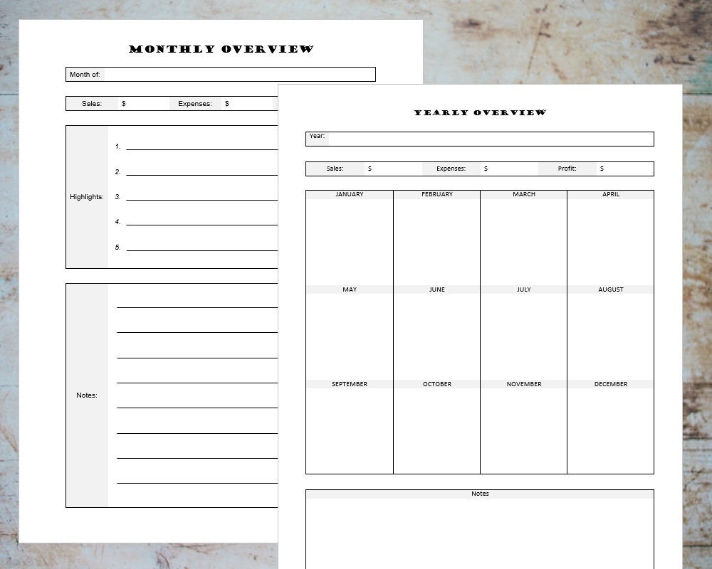 Monthly Overview, Yearly Overview Fillable/printable PDF Form - Etsy