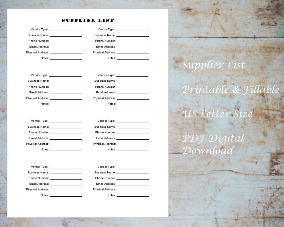 Supplier List Printable/fillable PDF - Etsy