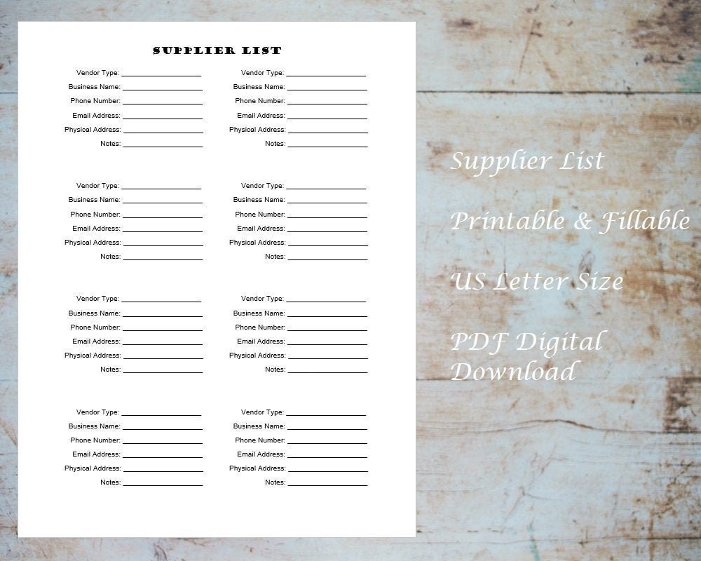 Supplier List Printable/fillable PDF - Etsy
