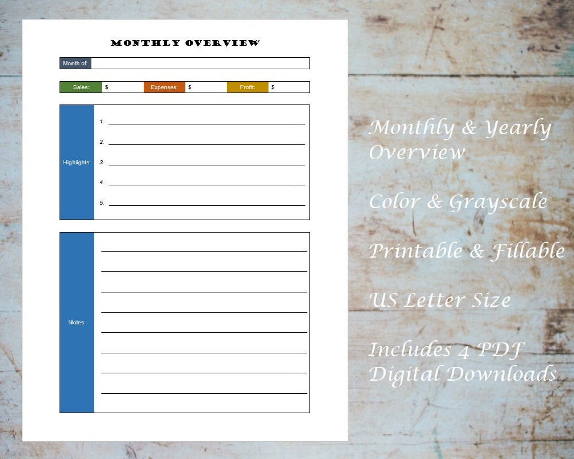 Monthly Overview, Yearly Overview Fillable/printable PDF Form - Etsy