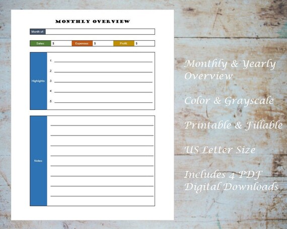 Monthly Overview Yearly Overview Fillable/Printable PDF Form | Etsy