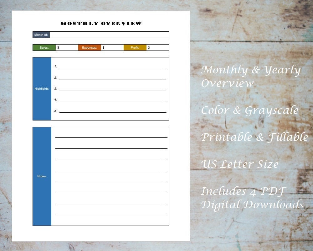 Monthly Overview, Yearly Overview Fillable/printable PDF Form - Etsy