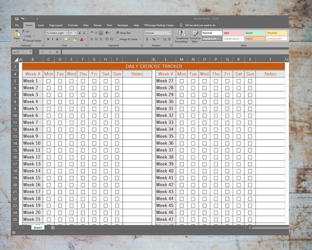 Exercise Tracker With Checkboxes Excel Spreadsheet Printable/editable ...
