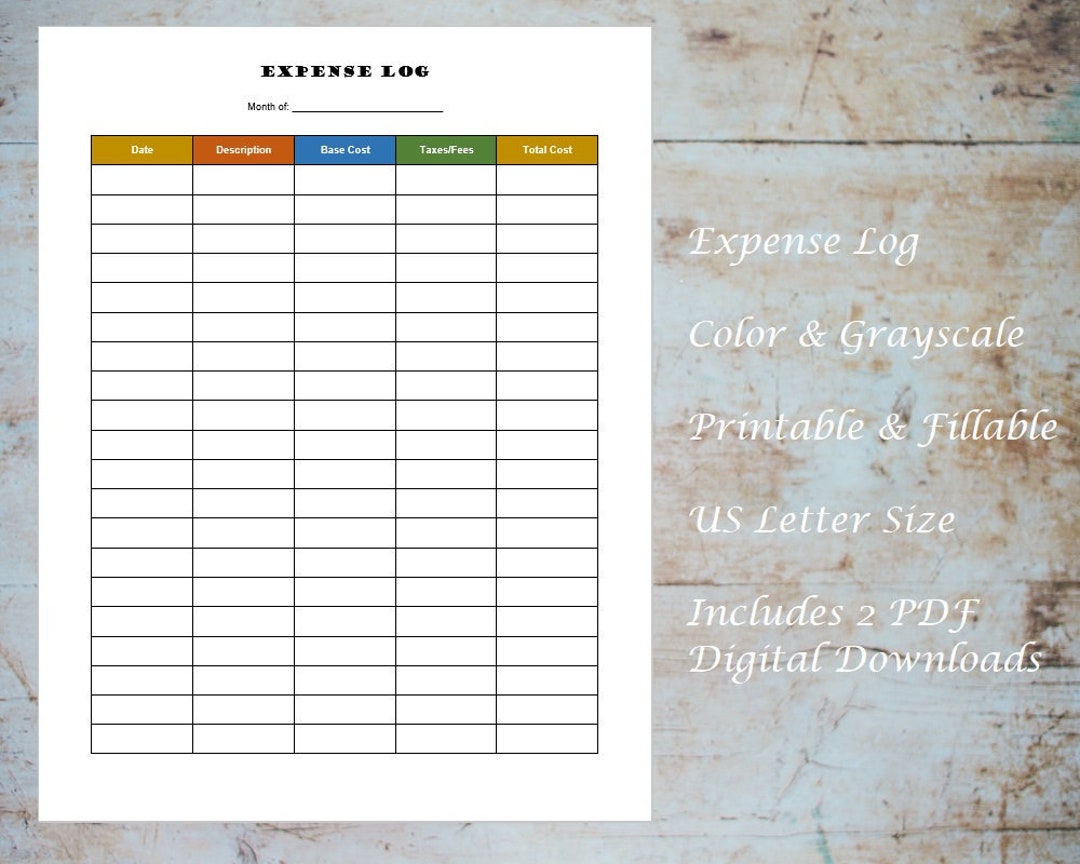 Expense Log Printable/fillable PDF Digital Download - Etsy