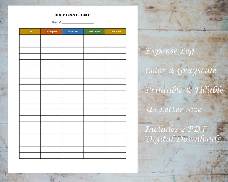 Expense Log Printable/fillable PDF Digital Download - Etsy