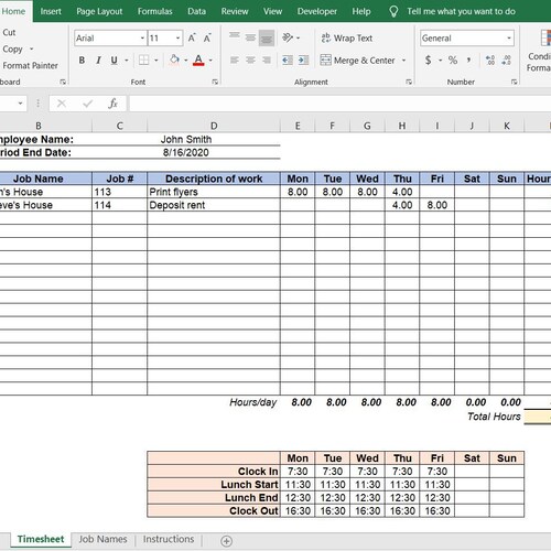 Excel File Of Weekly Timesheet Projects Tasks Template Etsy