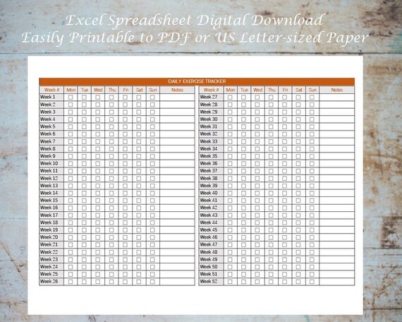 Exercise Tracker With Checkboxes Excel Spreadsheet - Etsy
