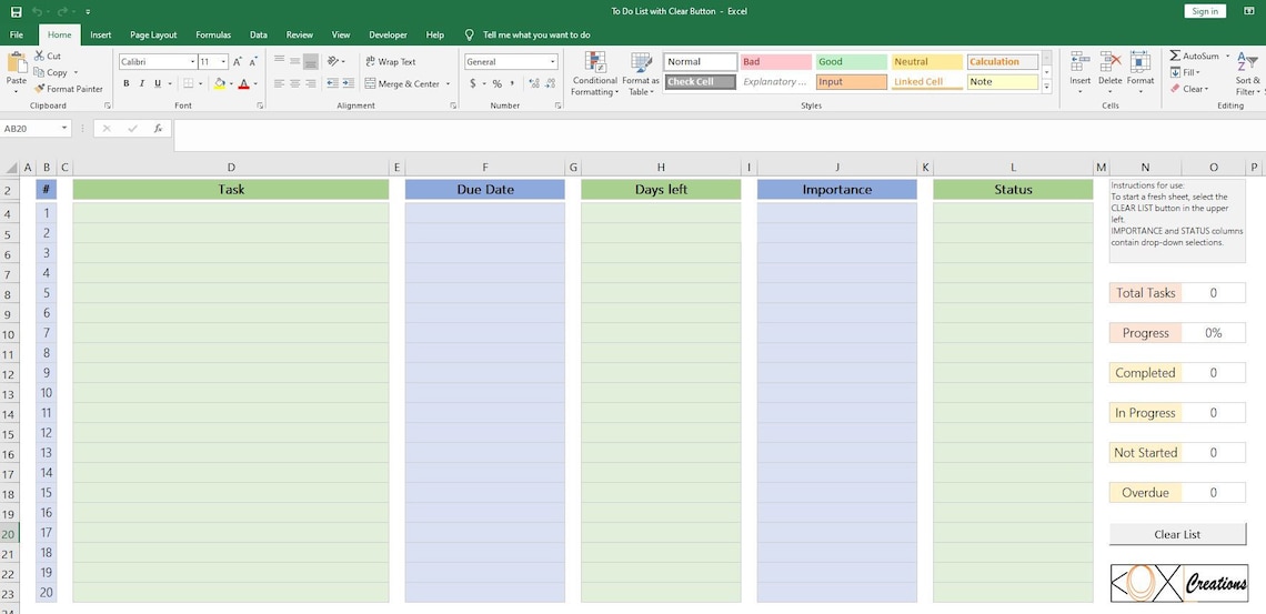 To Do List Excel Spreadsheet With Clear Button - Etsy