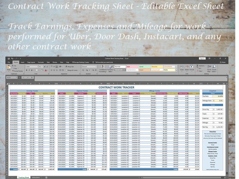 Income and Expense Tracker, Contract Work Editable Excel Spreadsheet ...
