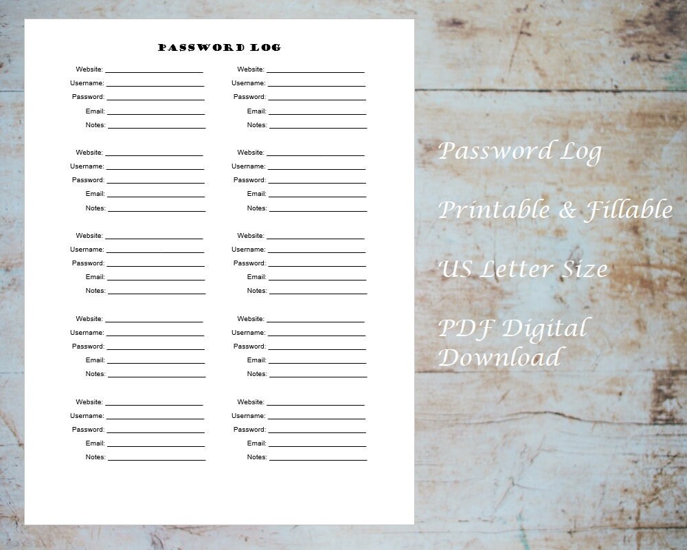Password Log Printable/fillable PDF - Etsy