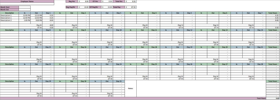 Monthly Timesheet - With Time Calculator - Excel Spreadsheet - Etsy