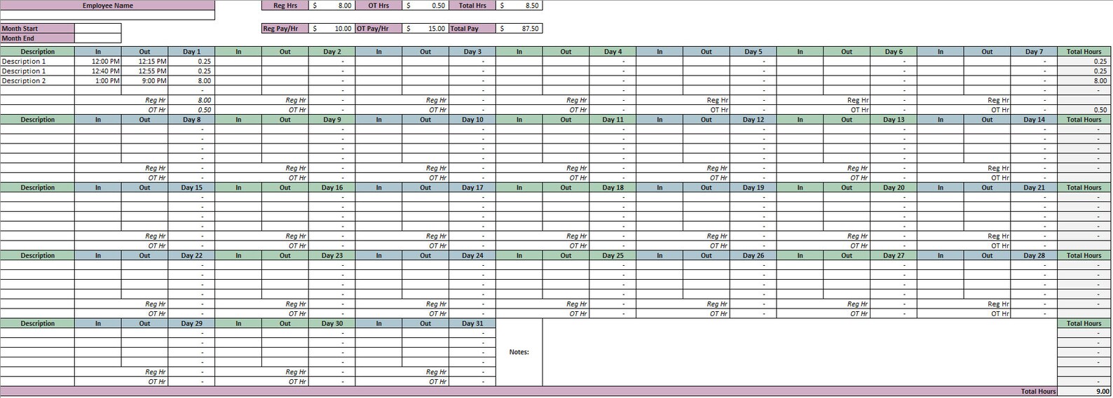 Monthly Timesheet - With Time Calculator - Excel Spreadsheet - Etsy