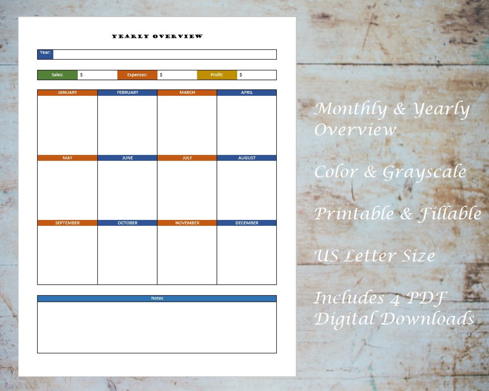 Monthly Overview, Yearly Overview Fillable/printable PDF Form - Etsy