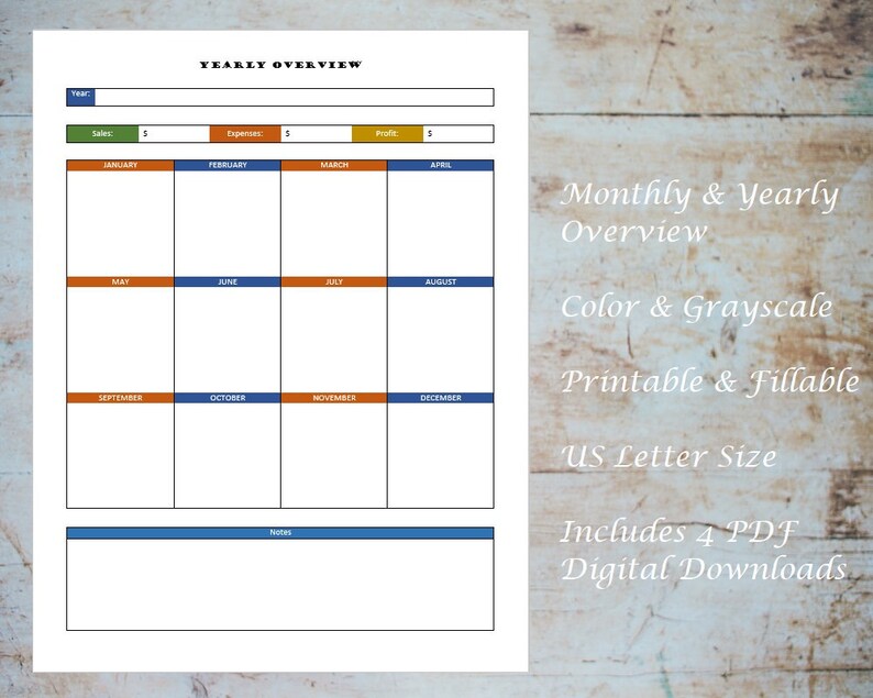 Monthly Overview, Yearly Overview Fillable/printable PDF Form - Etsy