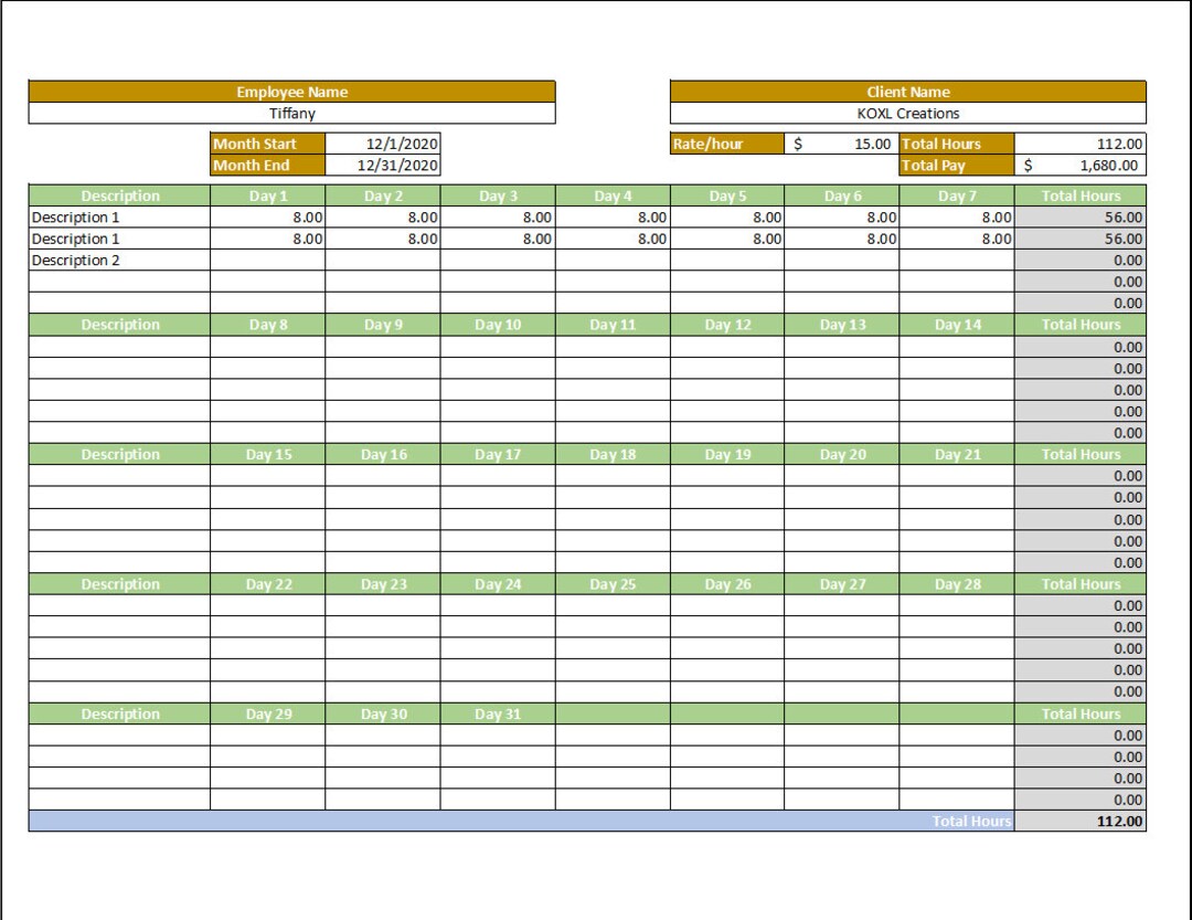 Monthly Timesheet - Straight Pay Calculator - Etsy