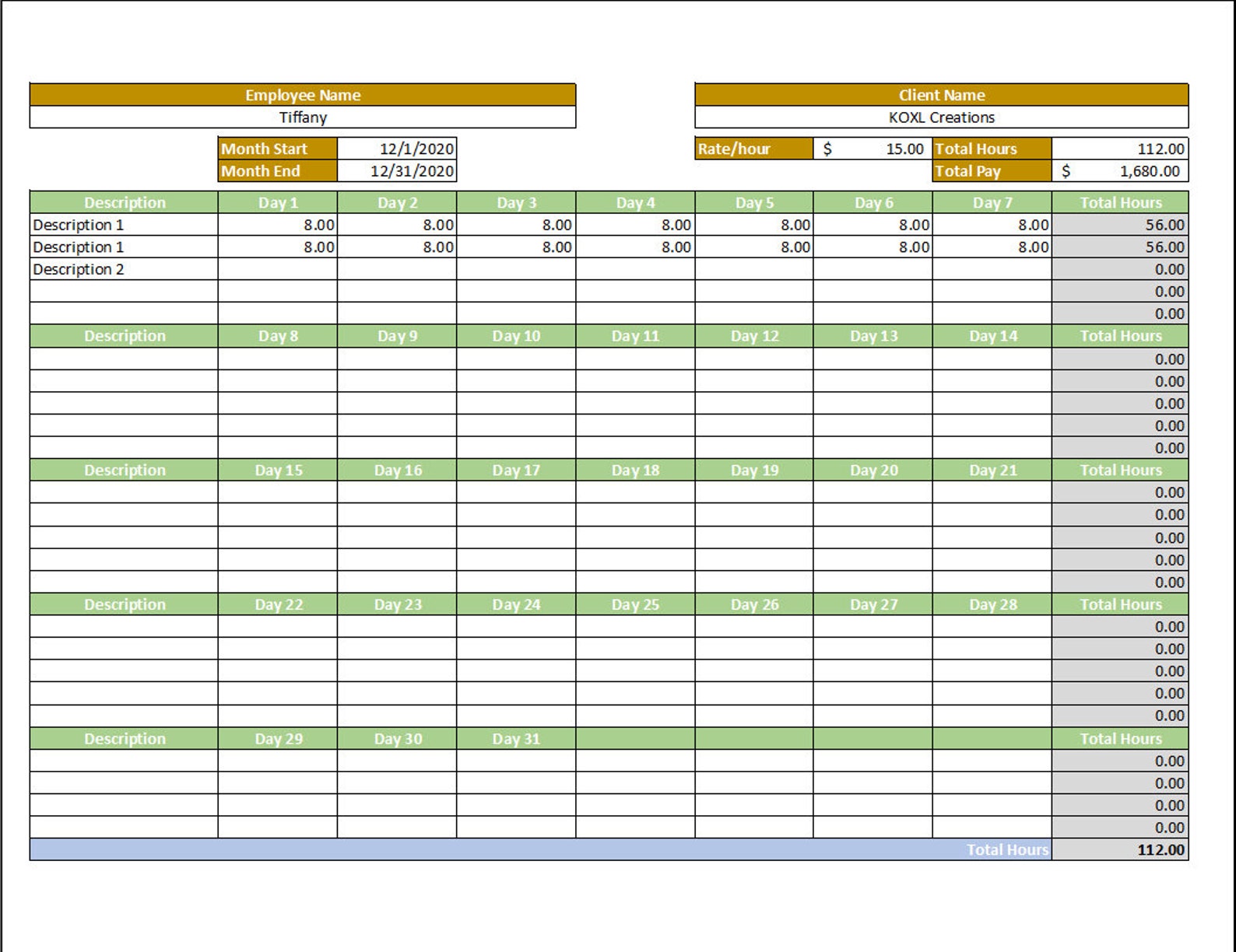 Monthly Timesheet Straight Pay Calculator - Etsy