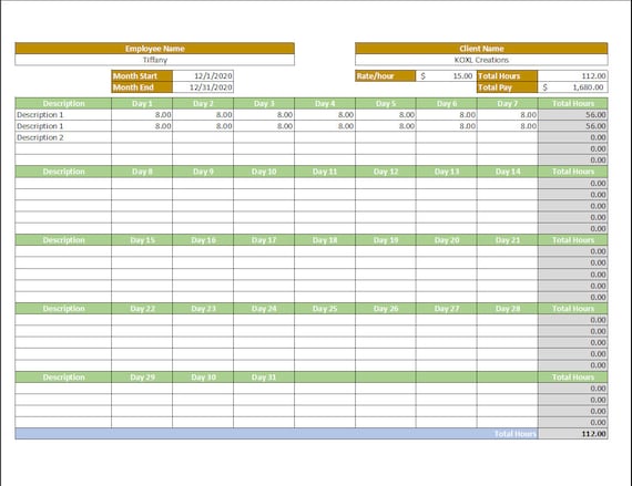 Monthly Timesheet Straight Pay Calculator | Etsy