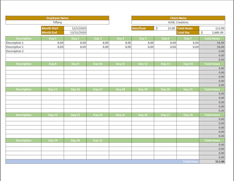 Monthly Timesheet Straight Pay Calculator - Etsy
