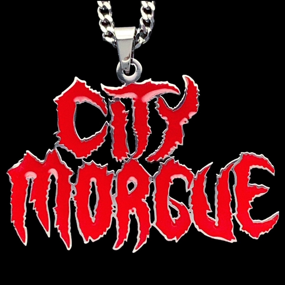 CITY MORGUE Necklace! Stainless Steel & Red Enamel Pendant + Stainless ...
