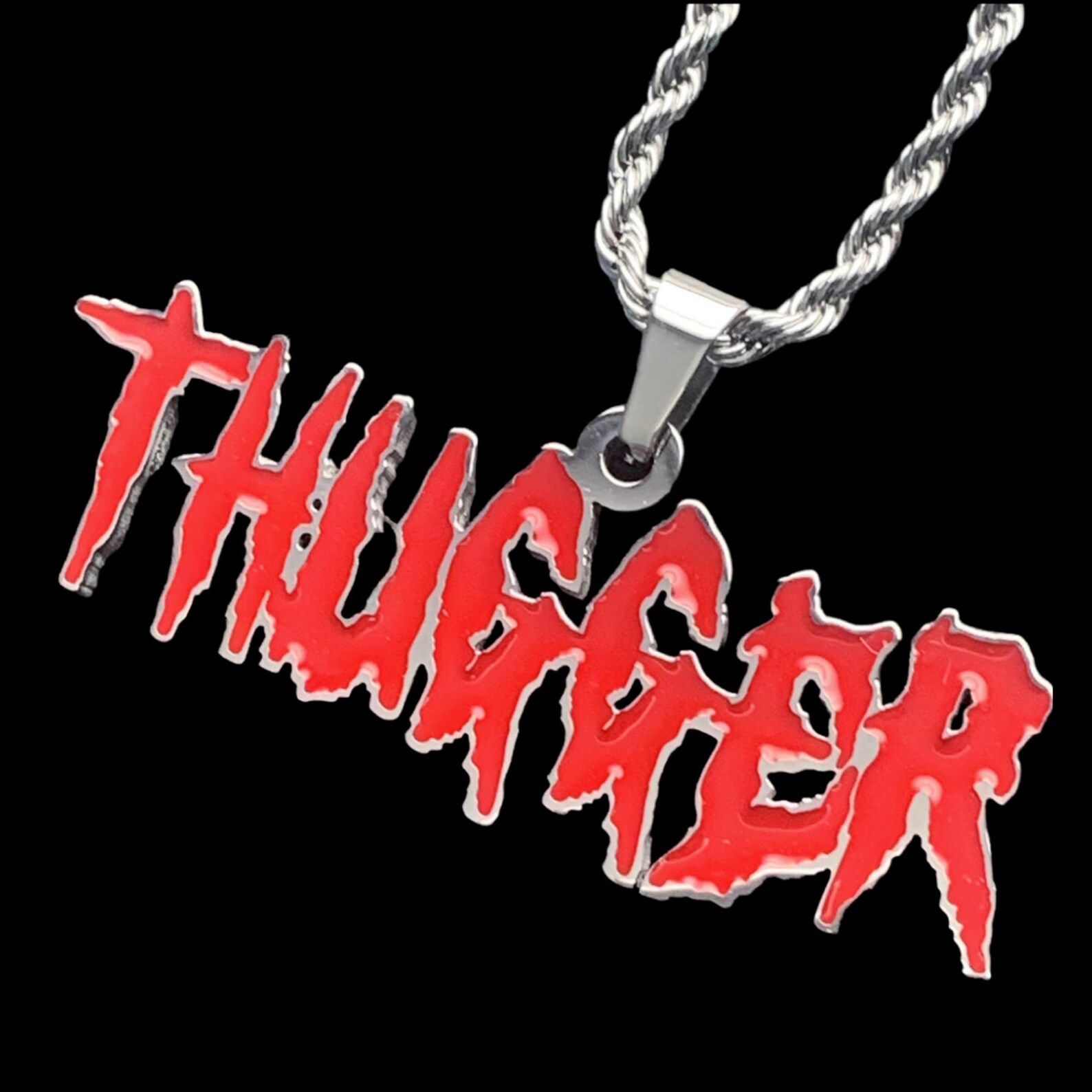 Young Thug THUGGER Necklace! Stainless Steel & Red Enamel Pendant ...