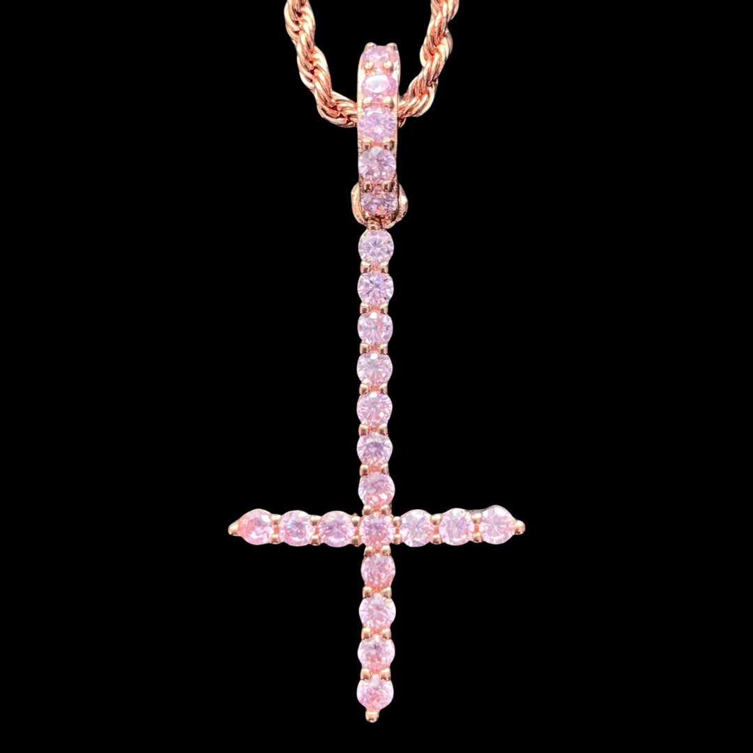 Pink Cross Necklace! Iced Out Pink Cubic Zirconia & Rose Gold Plated ...