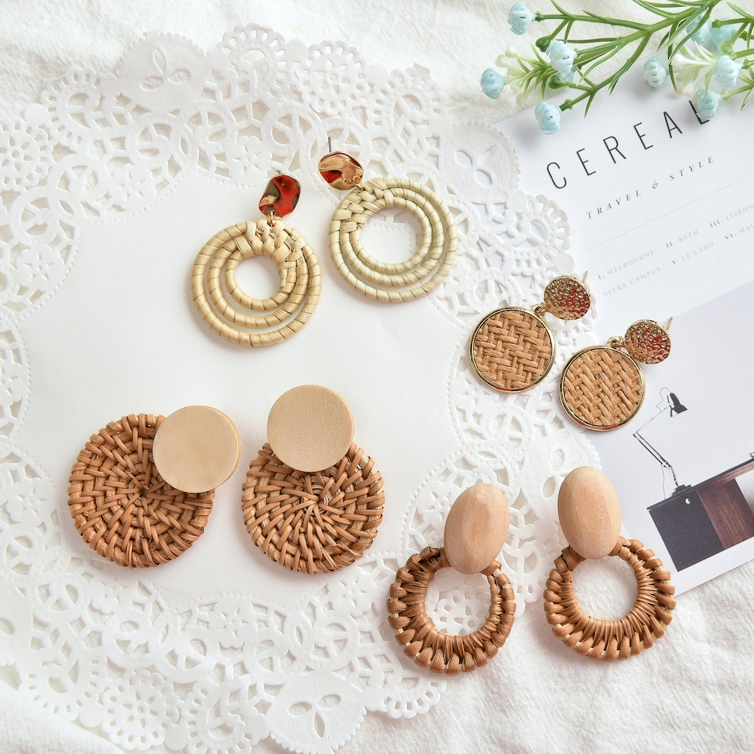 HANDWOVEN RATTAN EARRINGS, Rattan Hoop Earrings, Statement Rattan ...