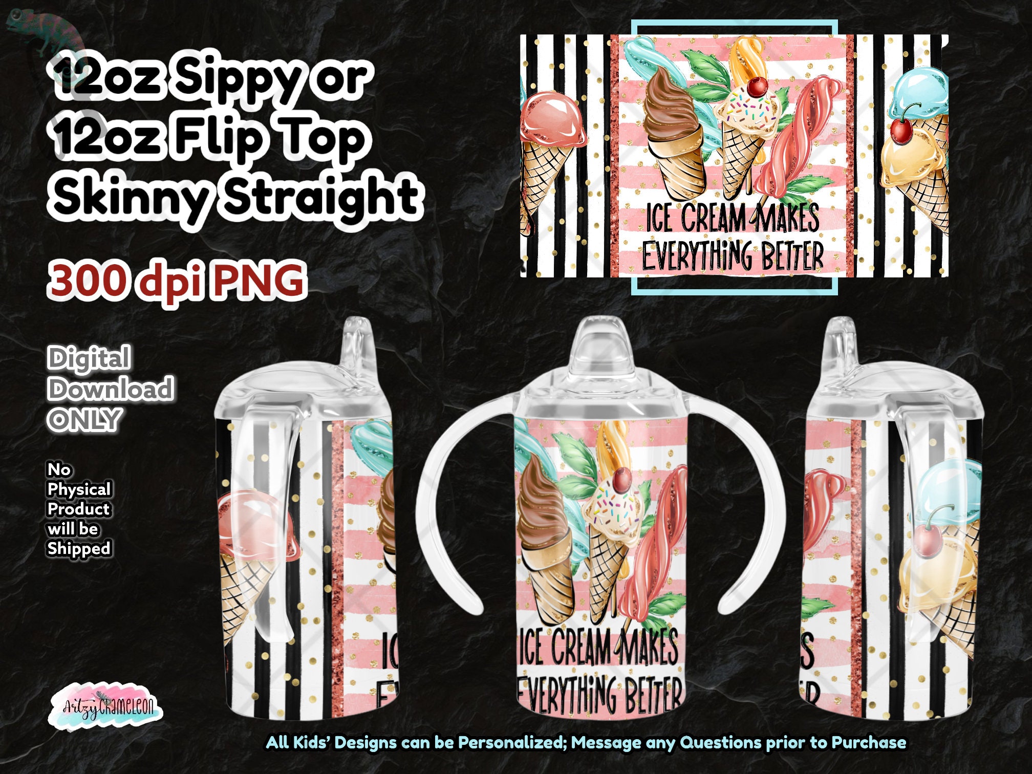 Ice Cream Sippy or Flip Top Design 12oz Skinny Tumbler Ice | Etsy