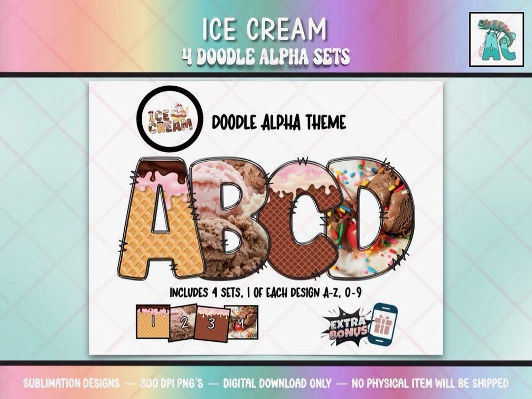 Ice Cream, Doodle Alphabet Bundle, PNG 300 Dpi, Sublimation, Digital ...