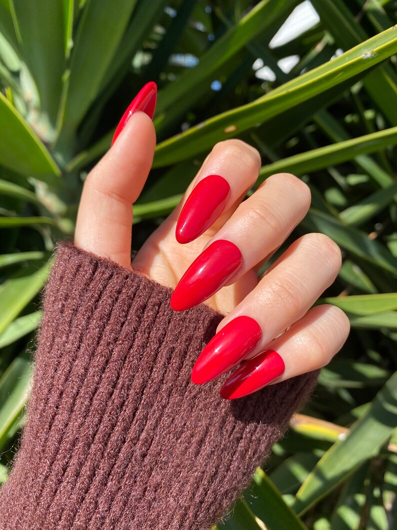 Red Press On Nails Bright Red Fake Nails Cherry False Etsy