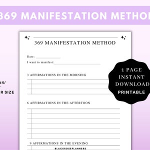 369 Manifestation Method Worksheet, Printable, the Law of Attraction ...