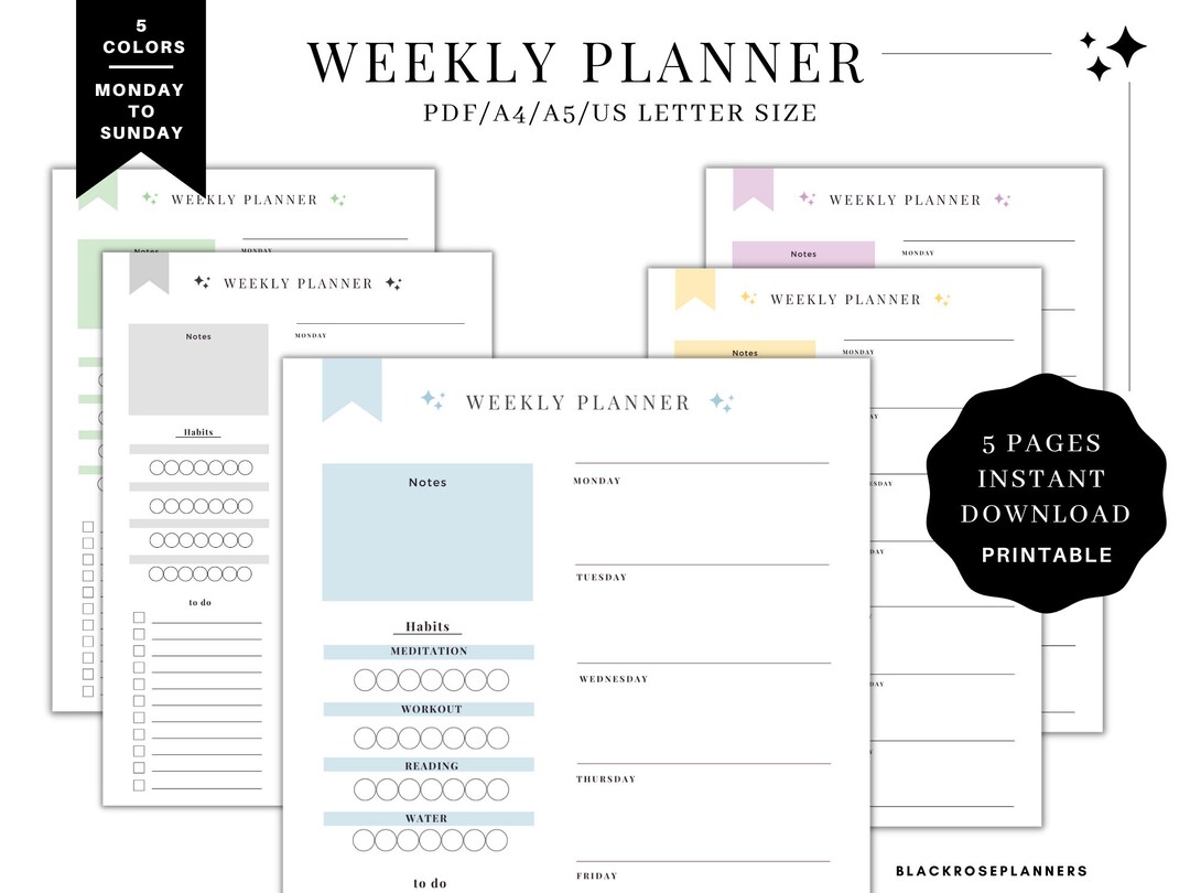 Undated Weekly Planner, Printable Planner, Goal Getter, Agenda, Planner ...