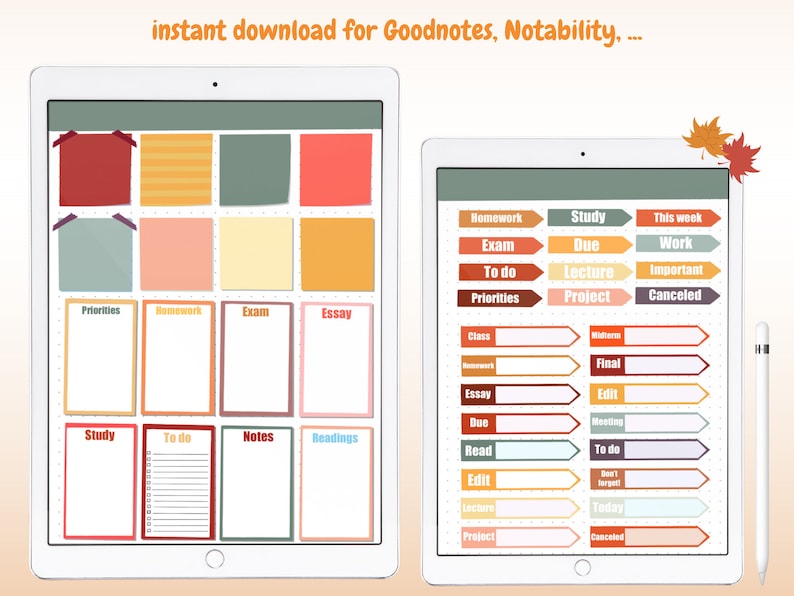 Fall Productivity Student Digital Stickers for Ipad, Tablet, Goodnotes ...