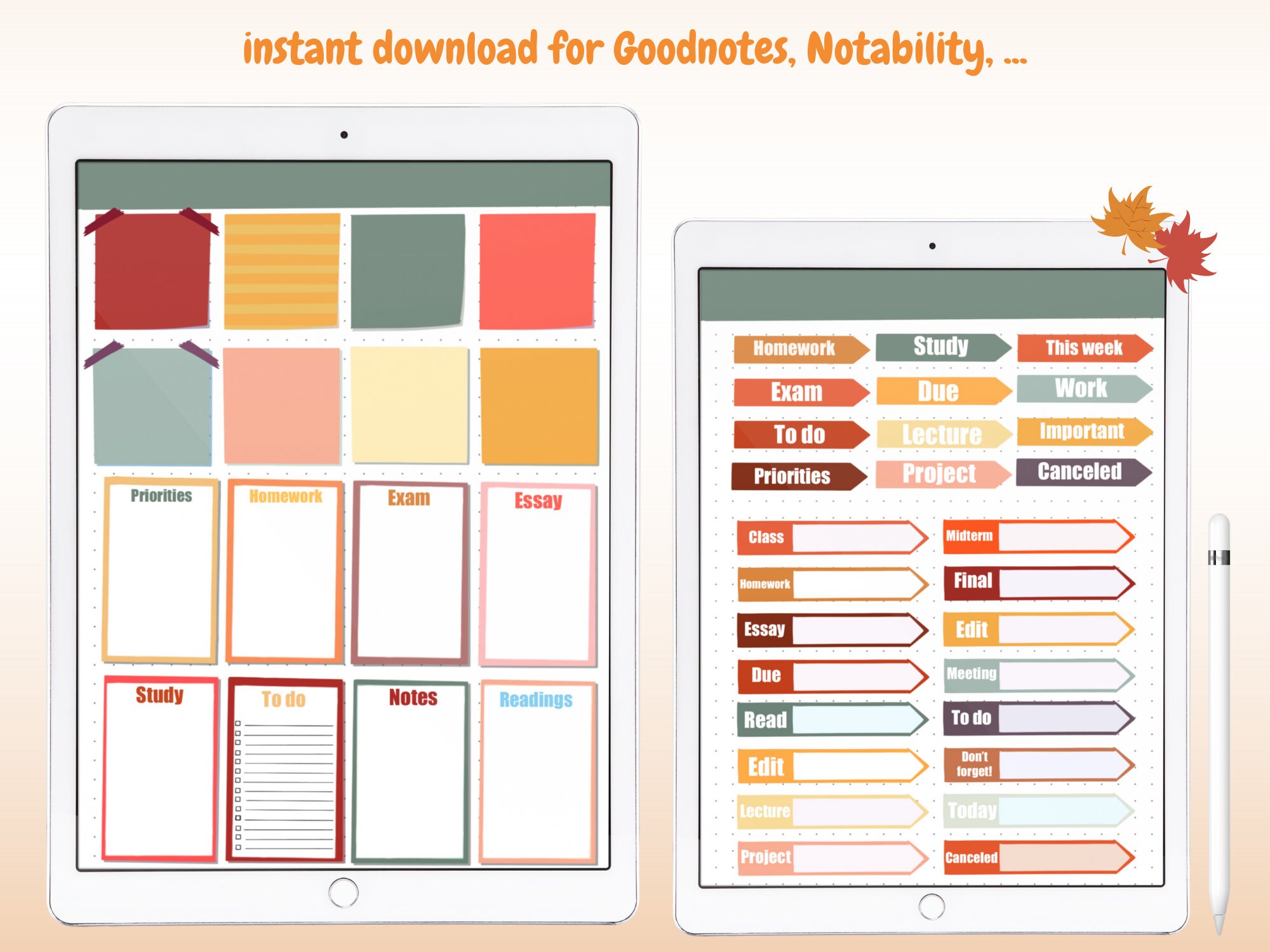 Fall Productivity Student Digital Stickers for Ipad, Tablet, Goodnotes ...