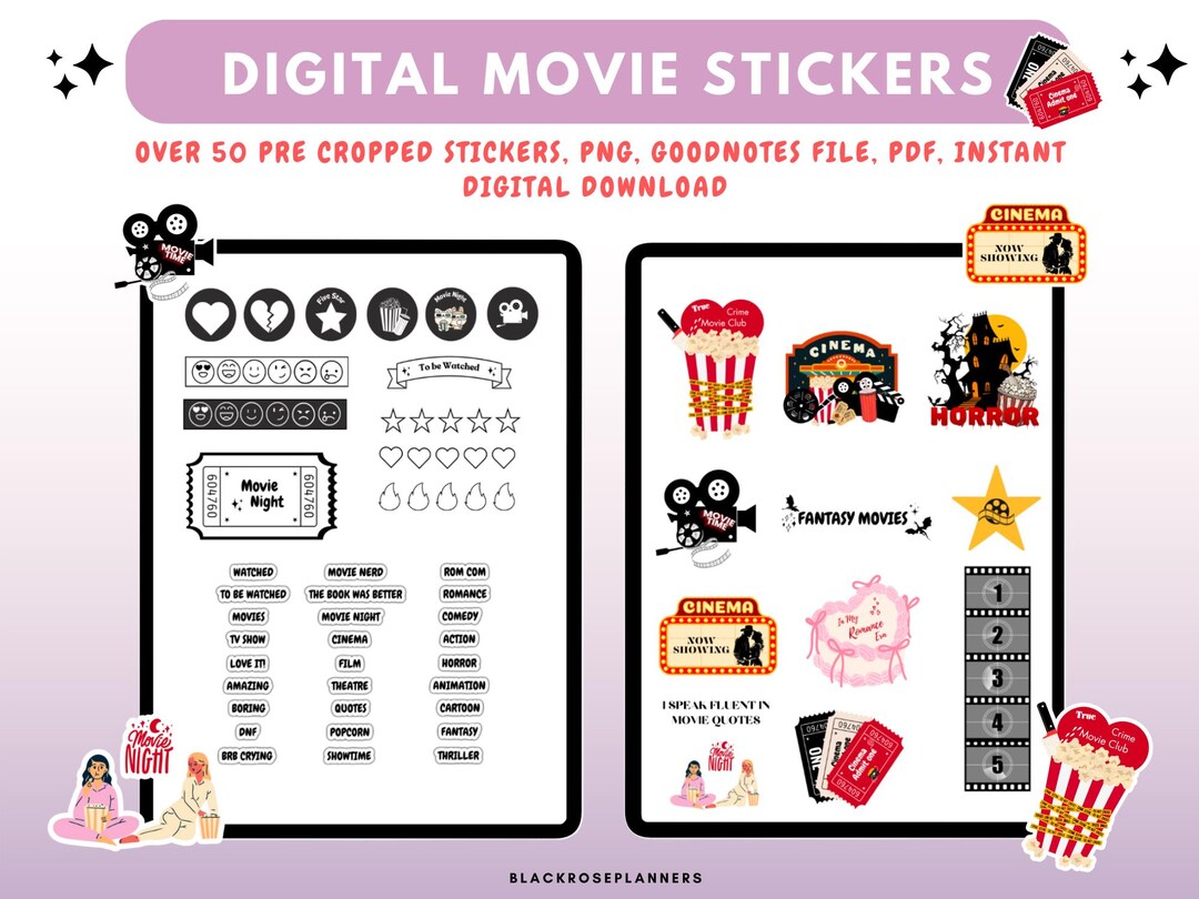 Cute Digital Movie Night Stickers, Digital Planner Stickers, Pre ...