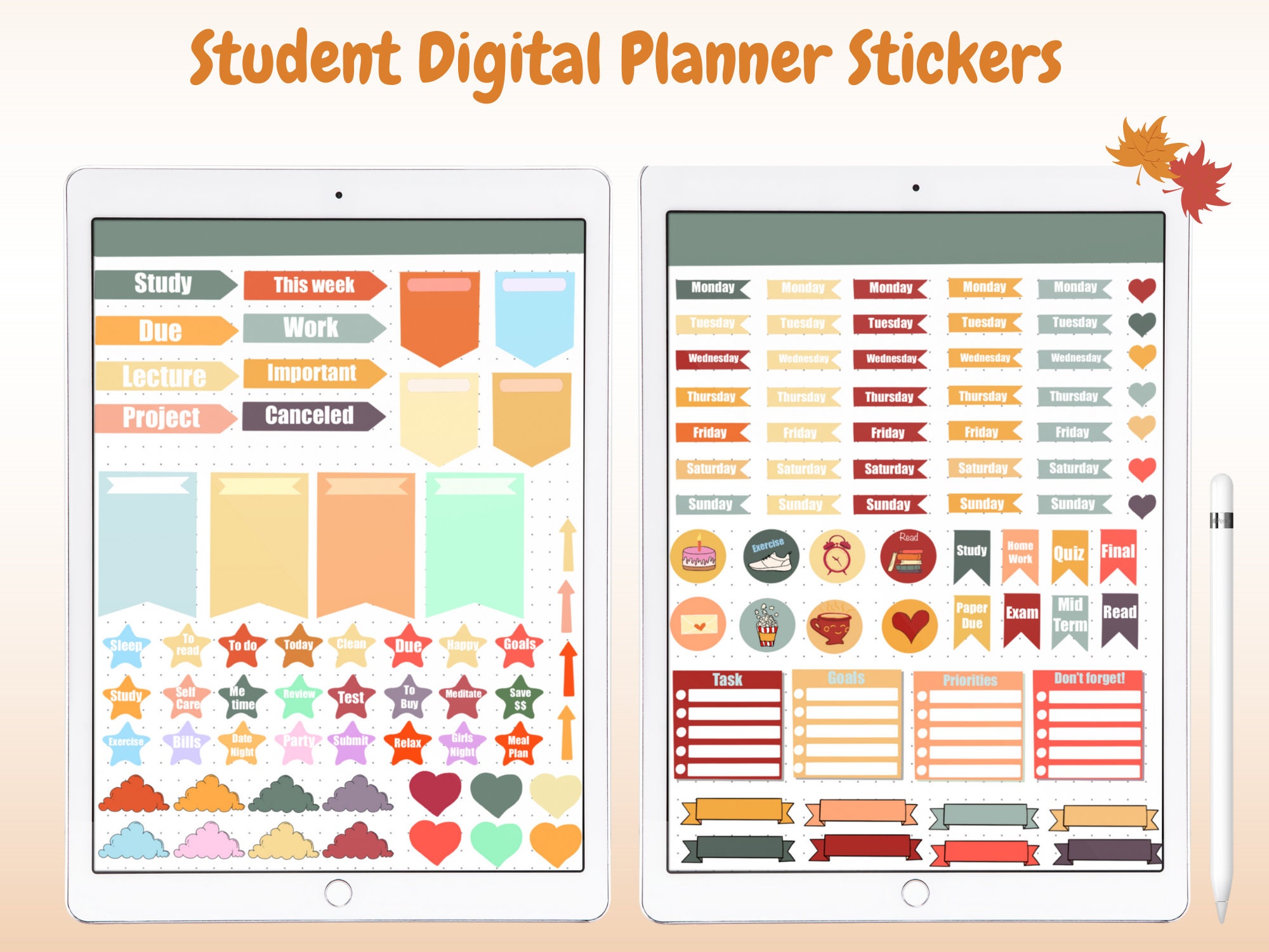 Fall Productivity Student Digital Stickers for Ipad, Tablet, Goodnotes ...