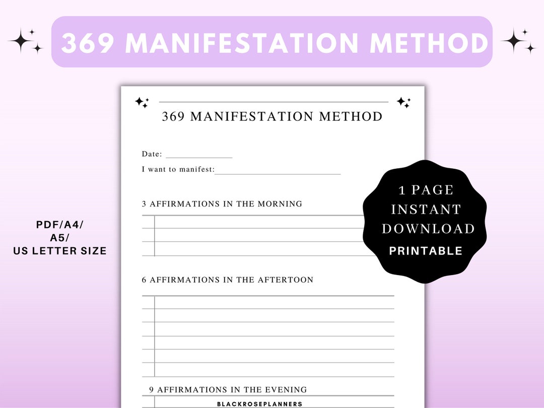 369 Manifestation Method Worksheet, Printable, the Law of Attraction ...