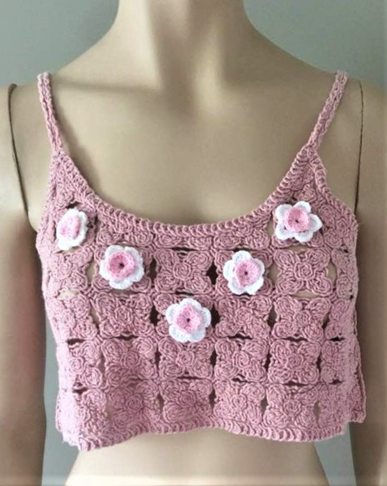 Pink Crochet Crop Top Cute Floral Cover Up Knit Beach Crop Top Etsy